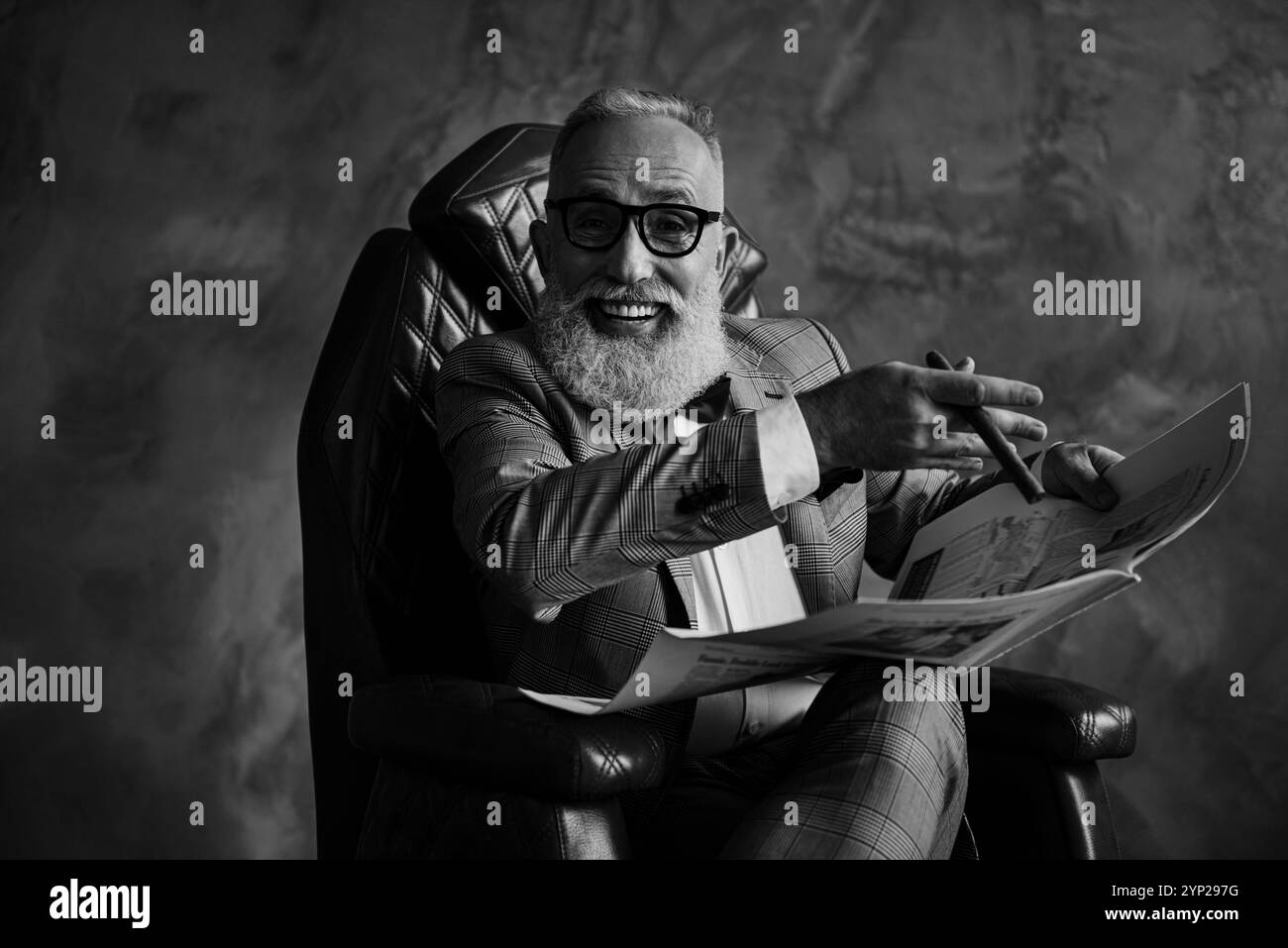 Attractive, rich, old, laughing boss with beaming smile in glasses, tux ...