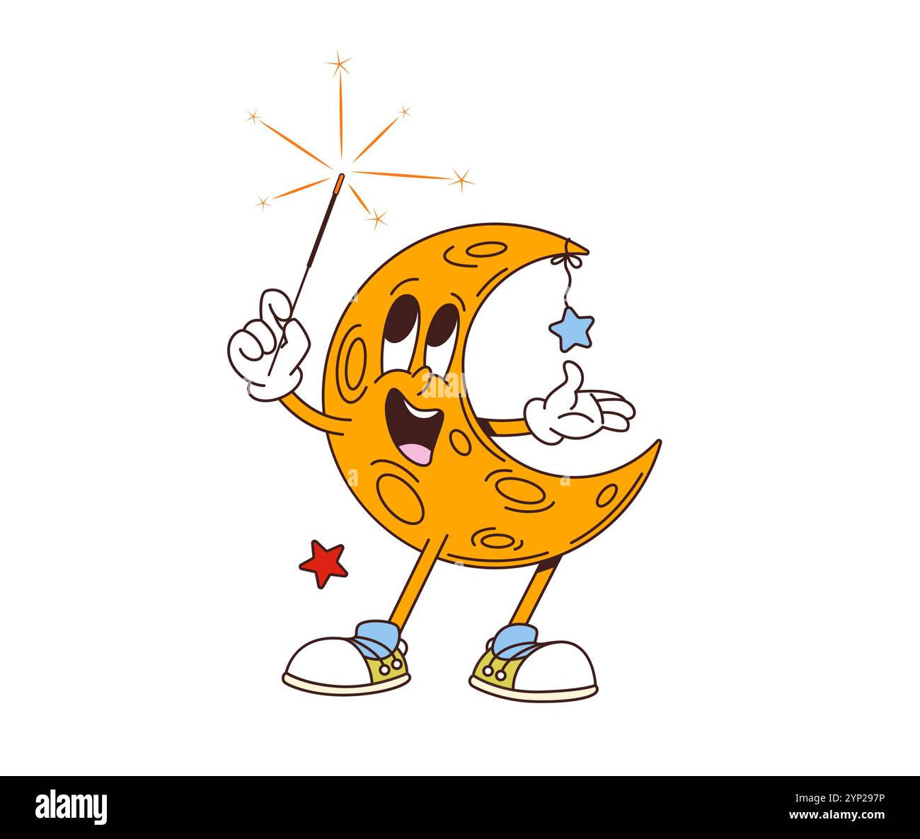 Cartoon retro groovy moon character holding sparkler. Isolated vector ...
