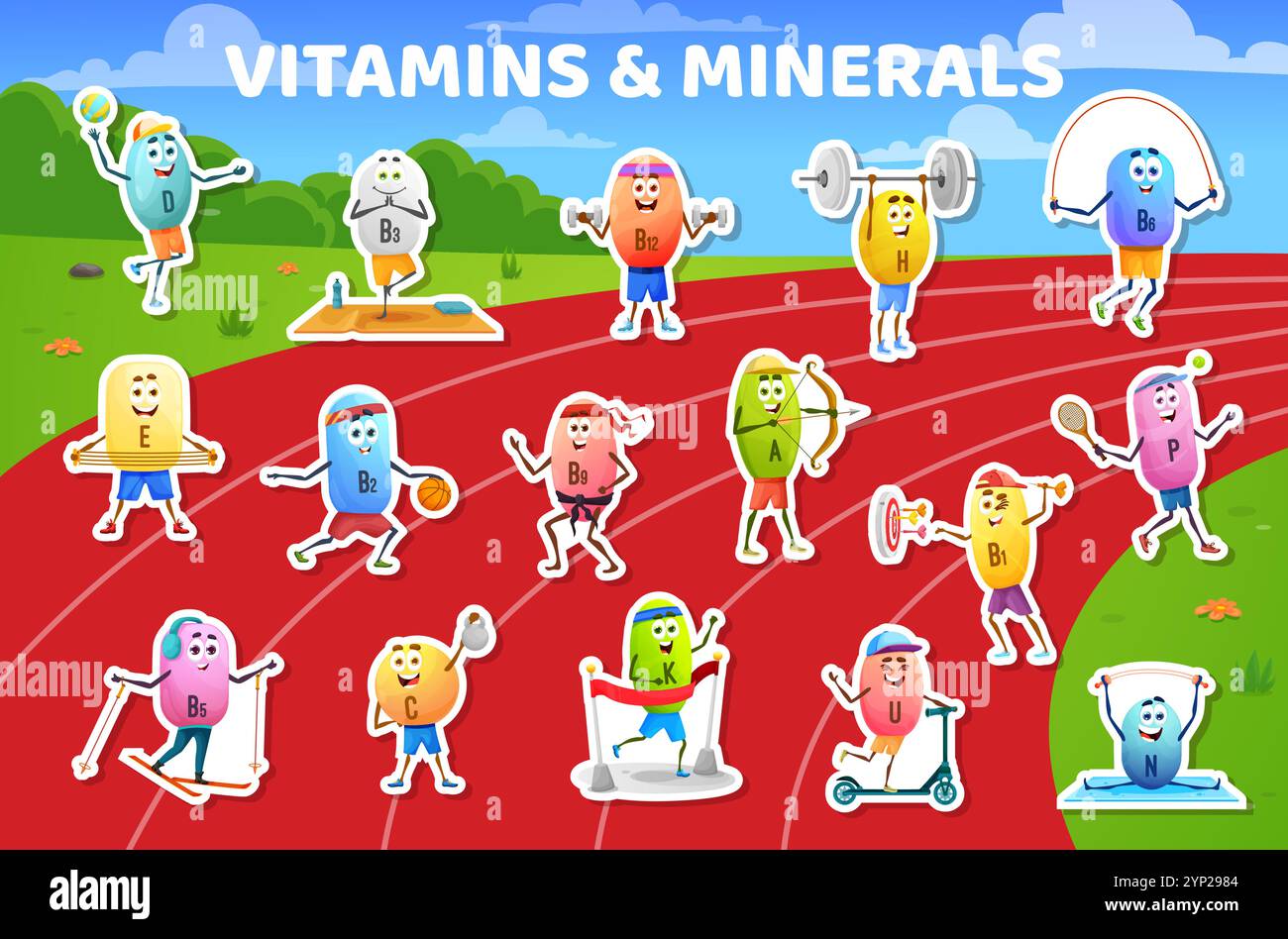 Cartoon vitamin characters sticker pack. Vector cute micronutrients ...