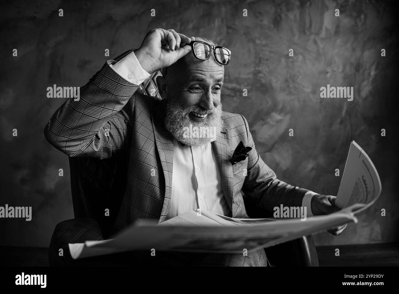 Attractive, laughing boss in suit take off glasses, look, watch, read ...