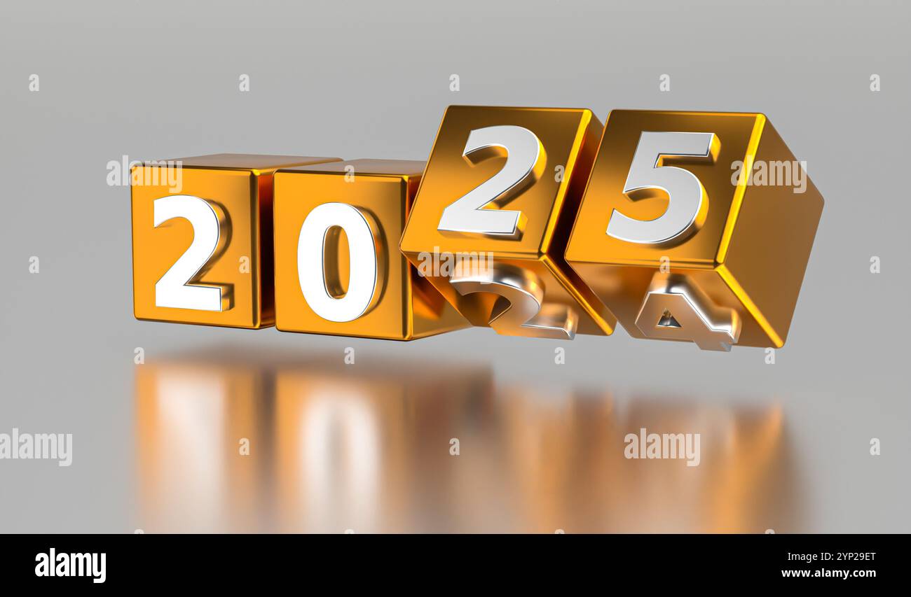 New year holiday concept. Cubes with number 2025 replace 2024. Abstract ...