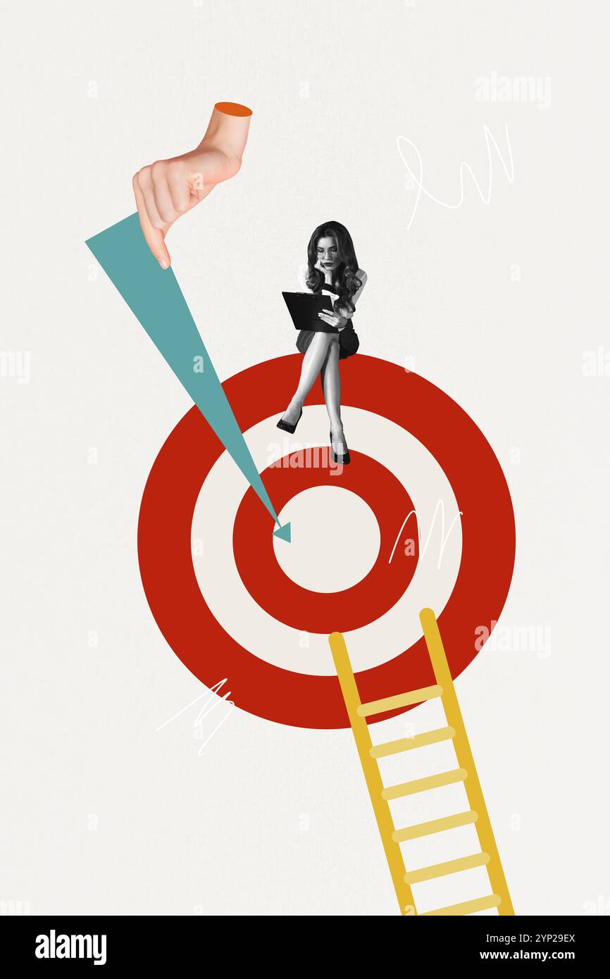 Vertical photo collage of minded girl sit target ladder target goal ...