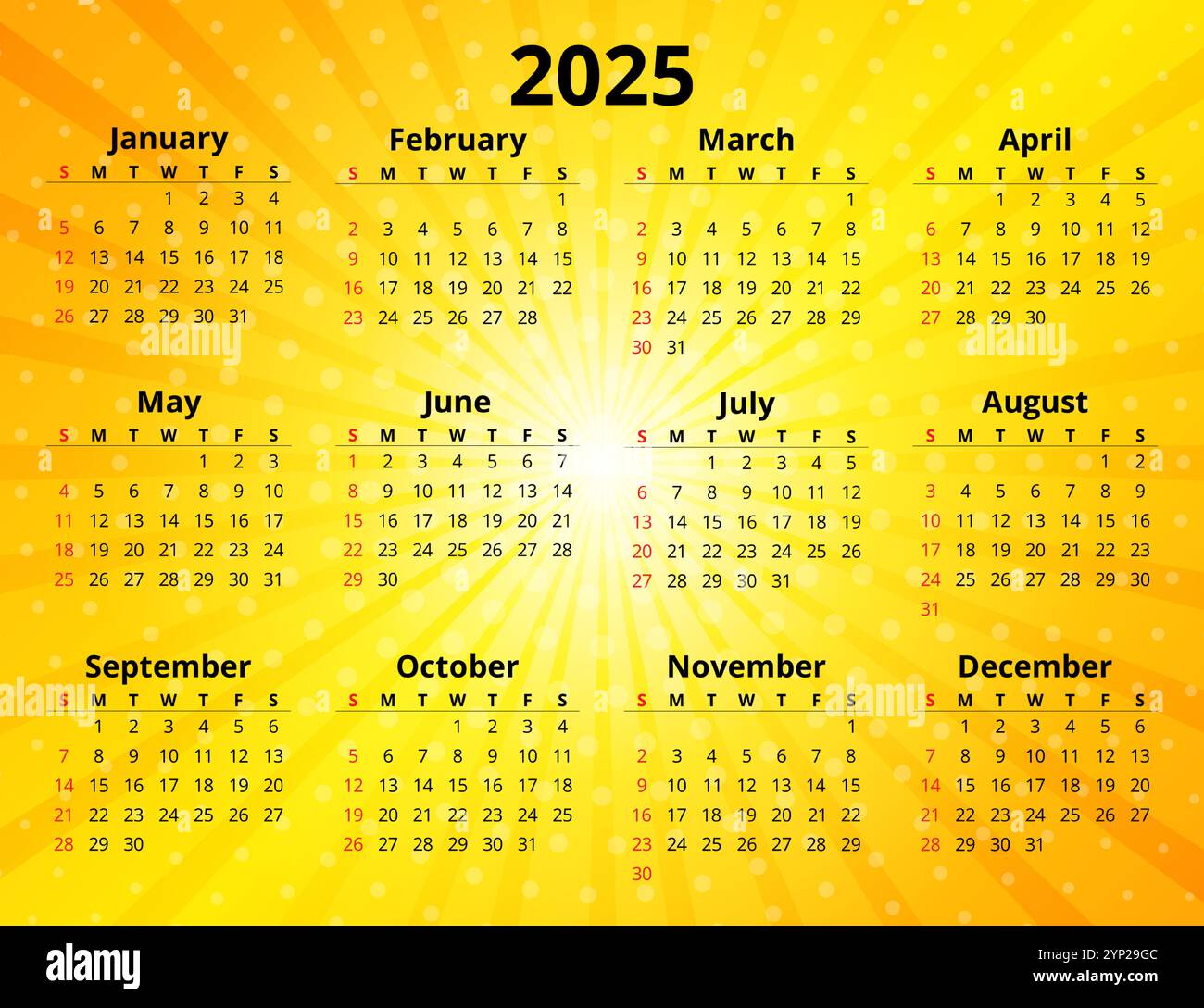 2025 year calendar. Modern vector template illustration with yellow sun ...
