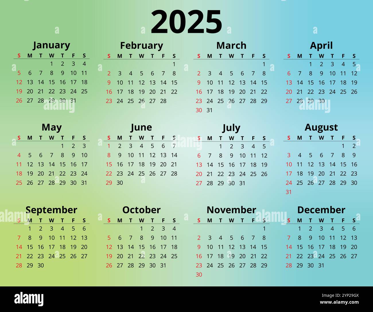 2025 year calendar. Modern vector template illustration on gradient ...
