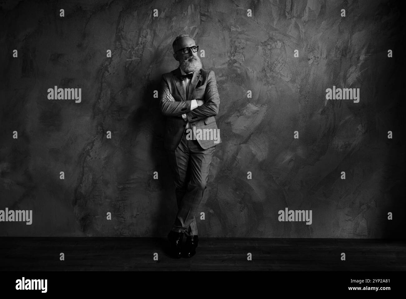 Full length portrait of stunning perfect brutal harsh old man in suit ...