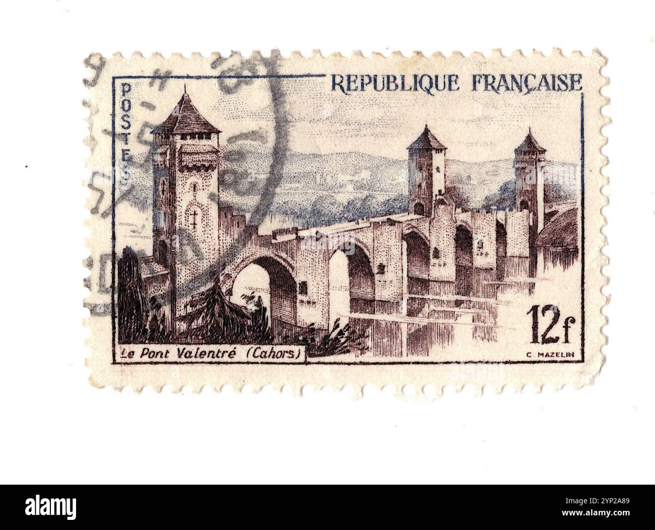 A vintage Le Pont Valentre postage stamp from France isolated on a ...