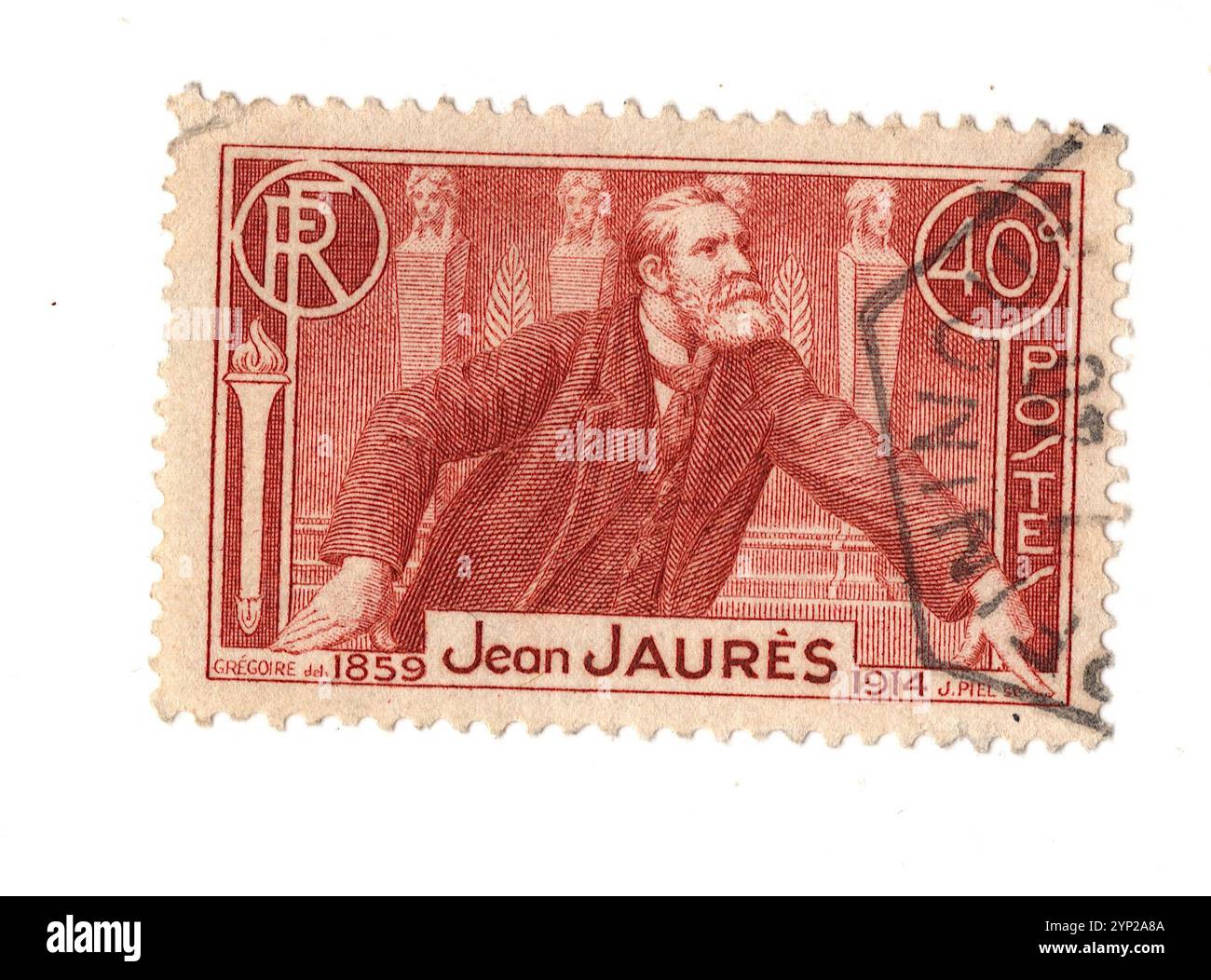A vintage Jean Jaures postage stamp from France isolated on a white ...