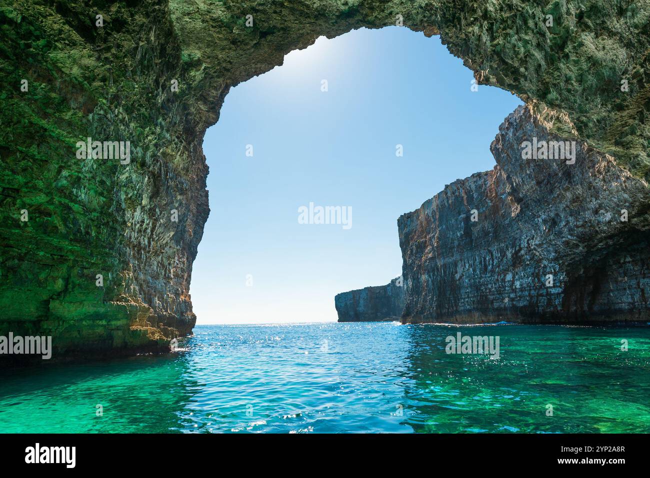 View from inside famous Blue Grotto sea cave on the Malta seacoast ...