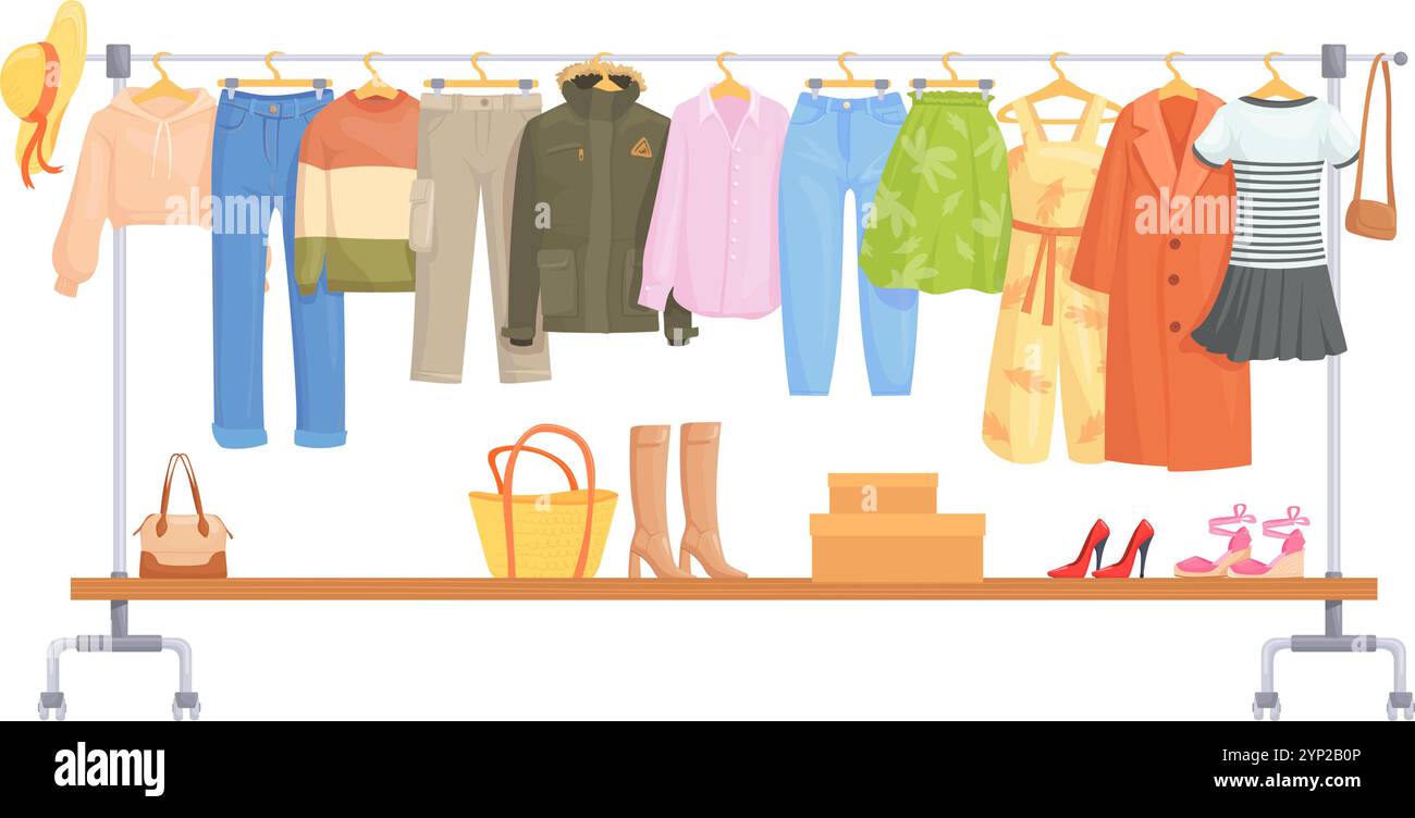 Hanging clothes in wardrobe. Fashion shop cartoon rack isolated on ...