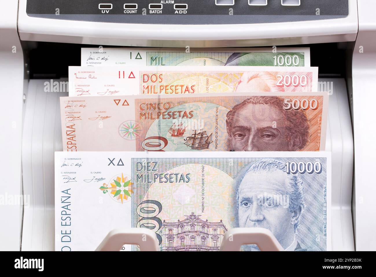 Spanish money - peseta in the counting machine Stock Photo - Alamy