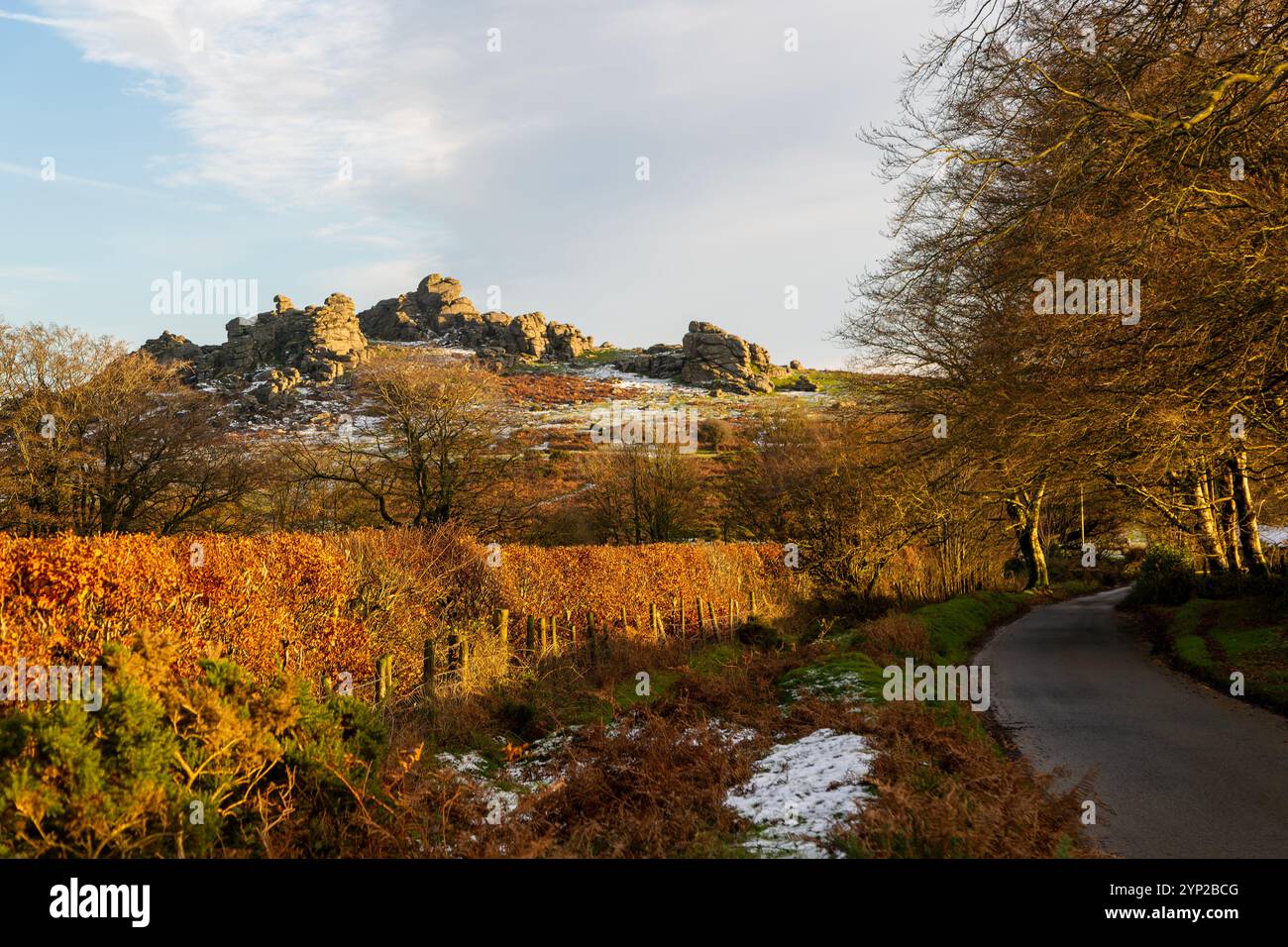 Autumn landscape of Hound Tor, road near Swallerton Gate, Dartmoor ...