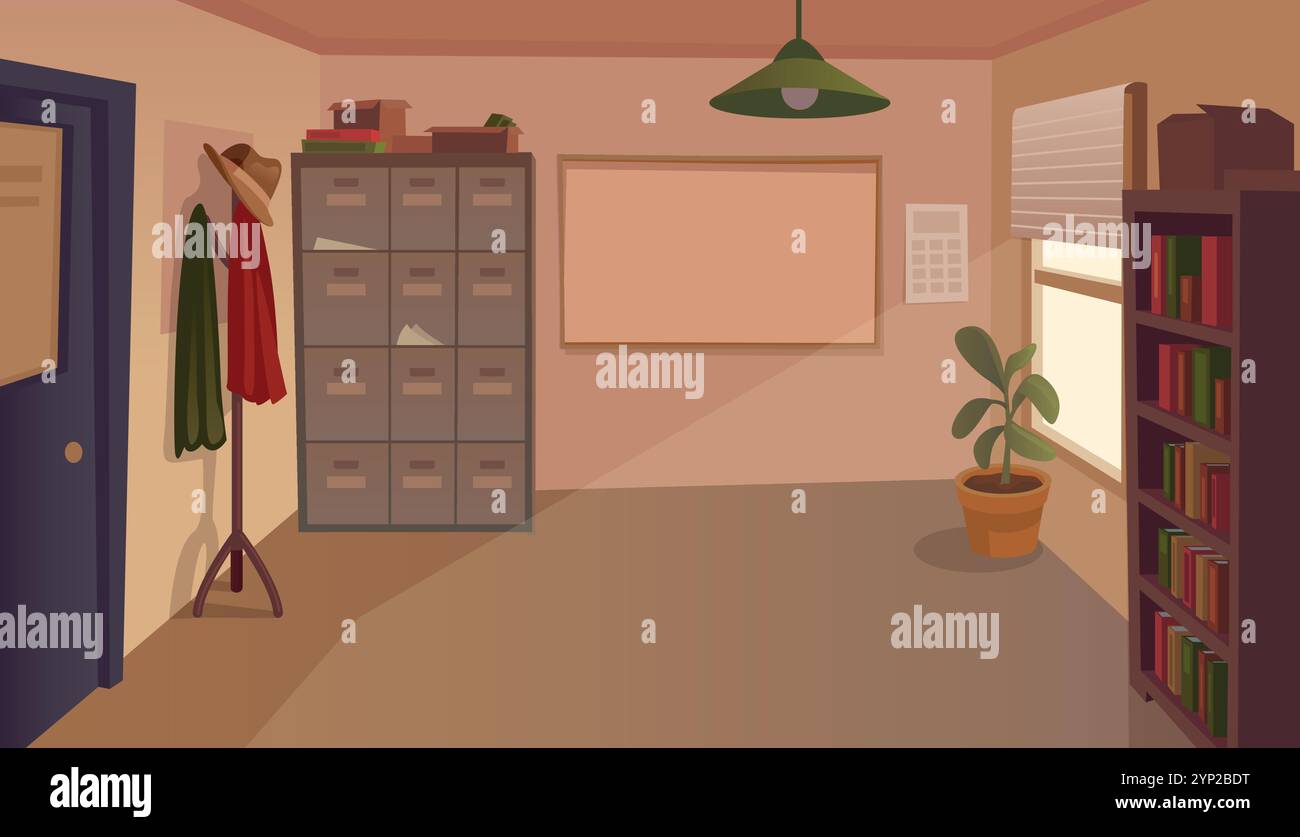 Detective agency office interior. Cartoon scene background. Vector ...