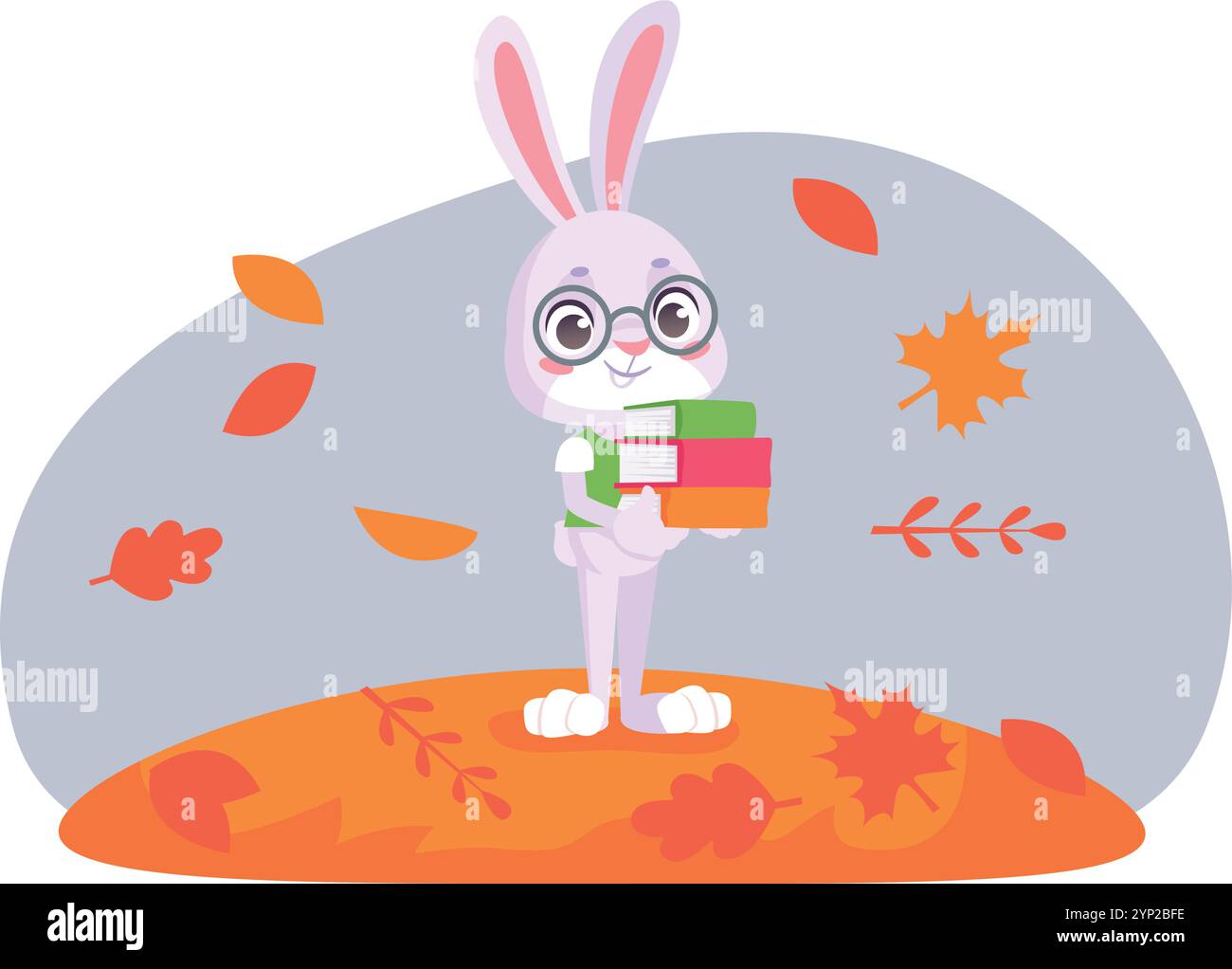 Bunny going to school. Autumn leaves falling on rabbit with books ...