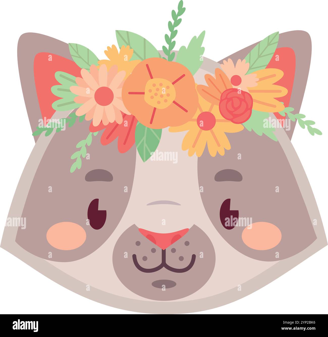 Cat in spring wreath. Floral summer kitty head isolated on white ...