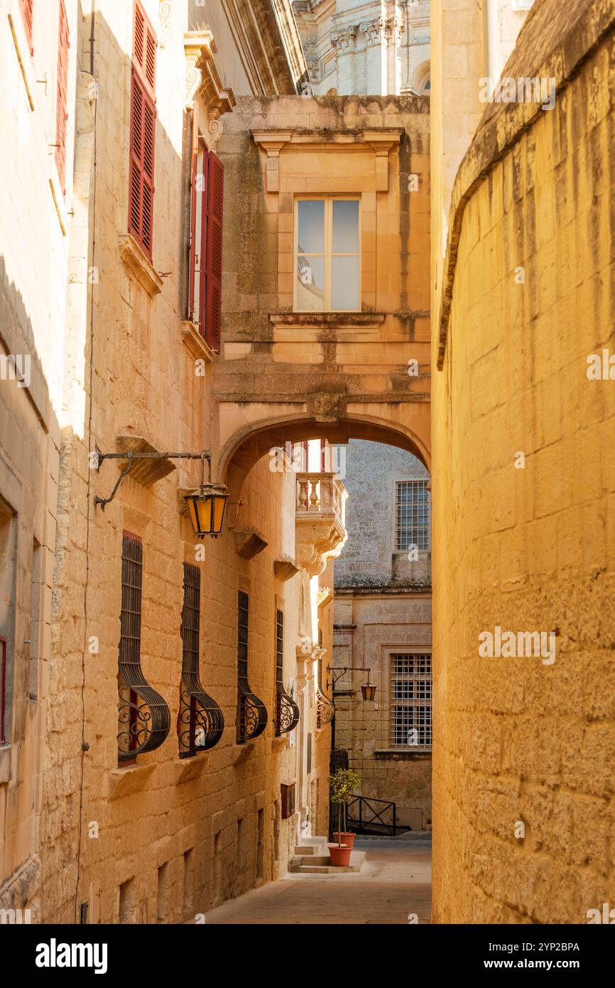 Arch window over ancient narrow street of Mdina, old capital of Malta ...