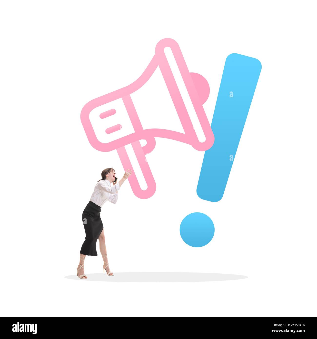 Advertising. Businesswoman shouting into large pink megaphone and blue ...