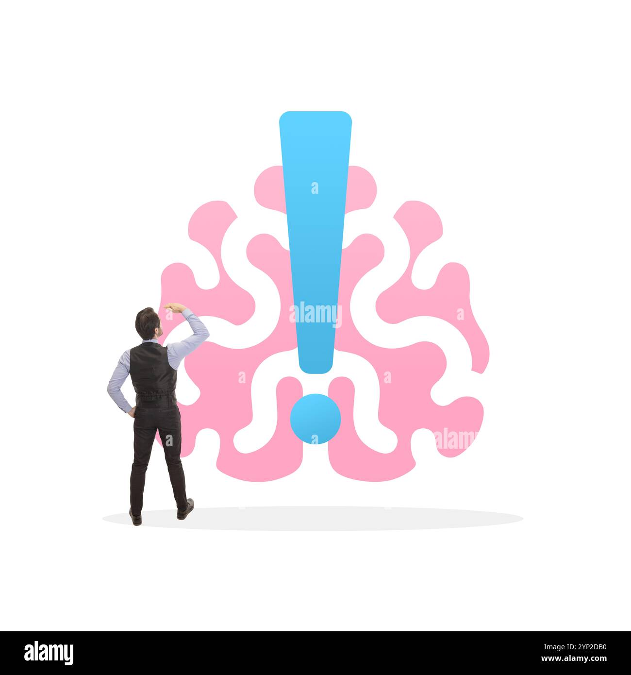 Awareness. Businessman observing pink brain icon with blue exclamation ...