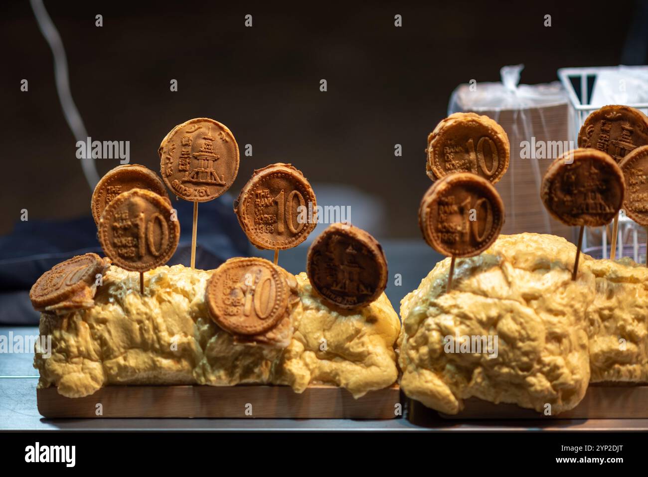 Snacks on a street food stall in in Yeouido park on Han river in Seoul ...