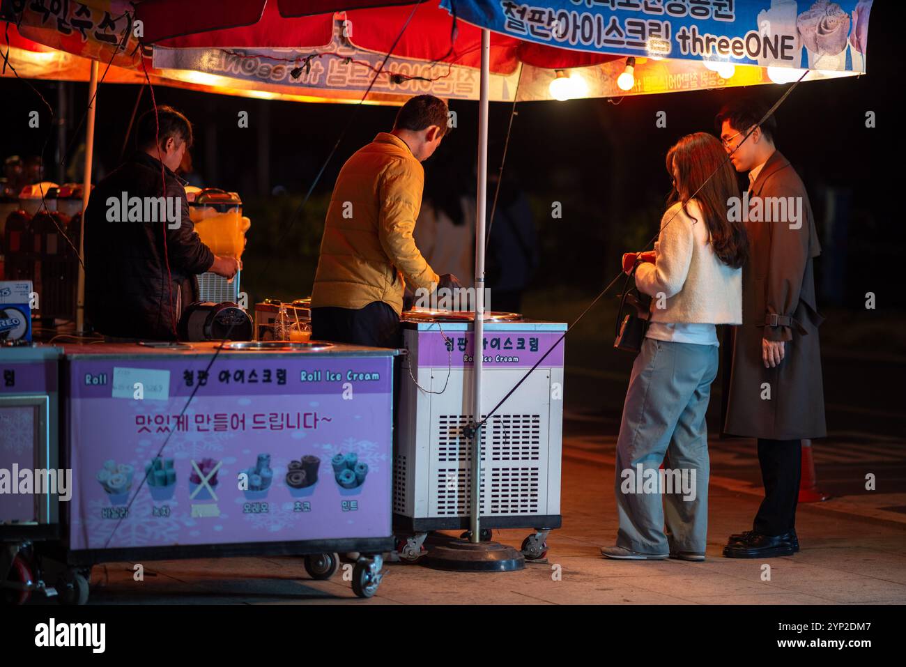 Street food stall in in Yeouido park on Han river in Seoul, capital of ...