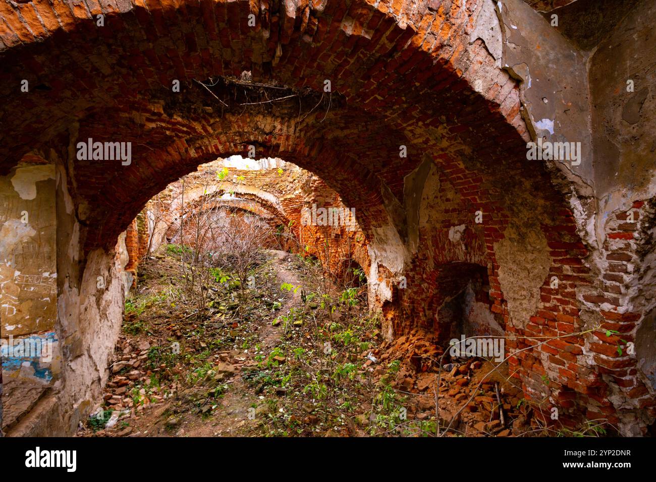 The old ruins of the collapsed walls with gates and windows ...