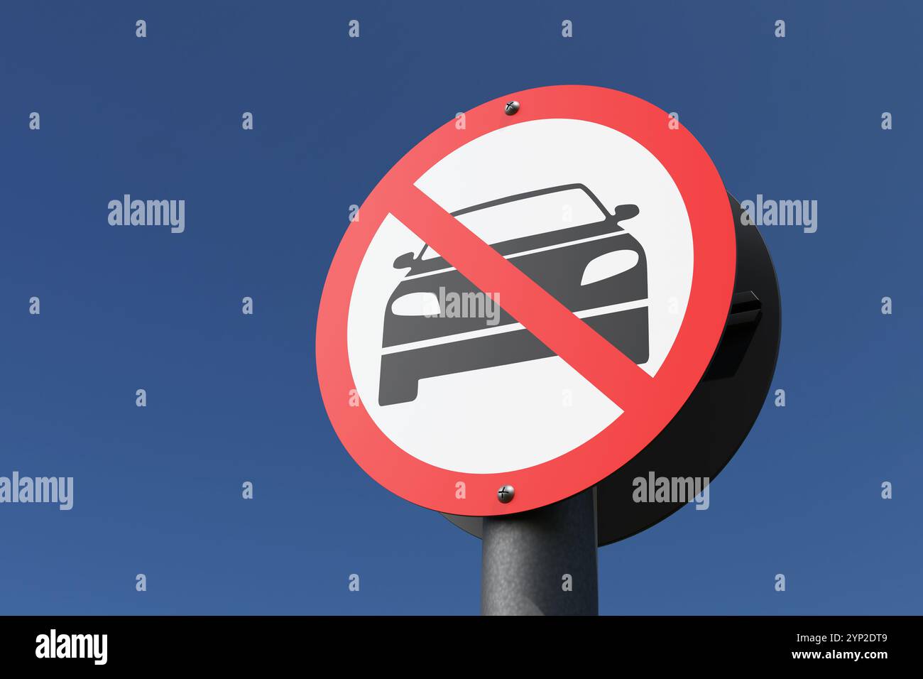 Round road sign showing a black vehicle behind a red forbidden symbol ...