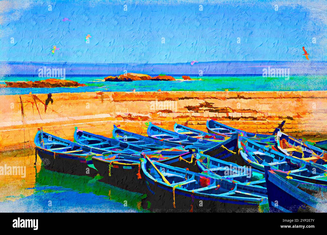 Sea view with gulls and blue boats. Artistic oil painting style with ...