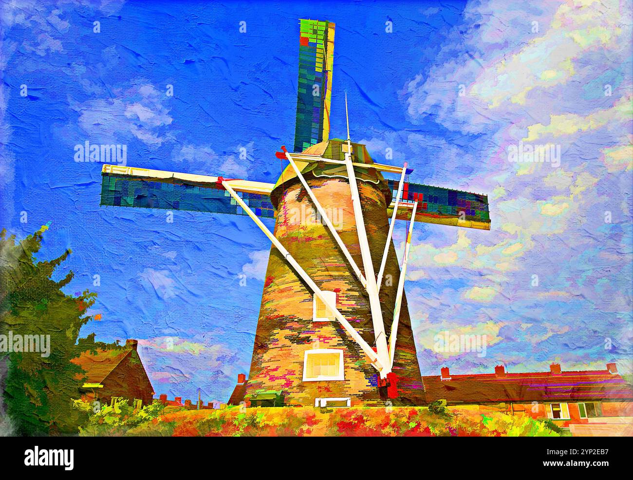Traditional Dutch windmill. Artistic oil painting style with texture ...