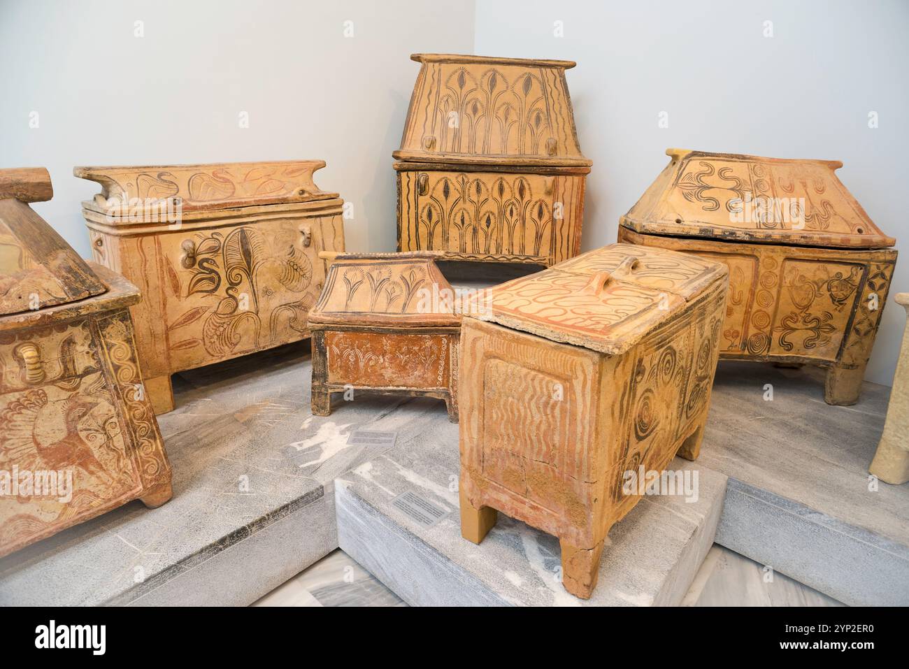 Crete museum, view of a collection of ancient Minoan decorated wooden ...