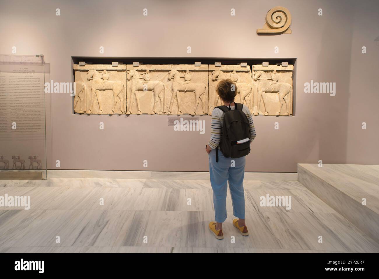 Heraklion museum, view of a female tourist studying an ancient Minoan ...