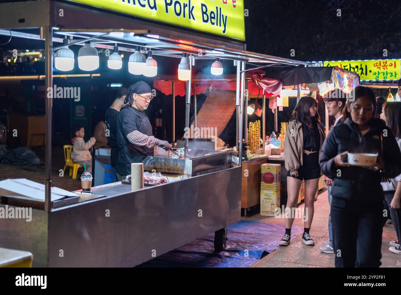 Street food stall in in Yeouido park on Han river in Seoul, capital of ...