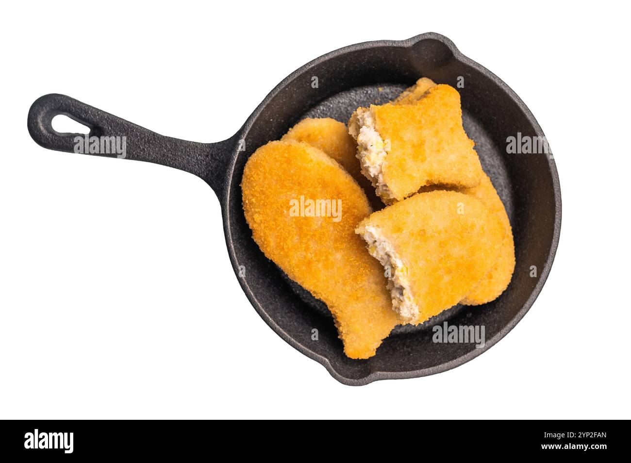 Breaded gold Fish sticks in pan isolated on white background. top view ...