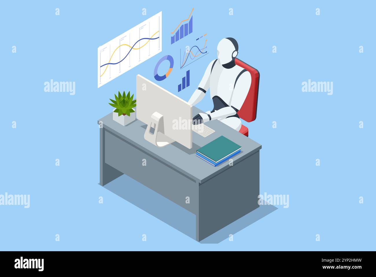 Isometric humanoid robot works in office, typing on a computer. As part ...