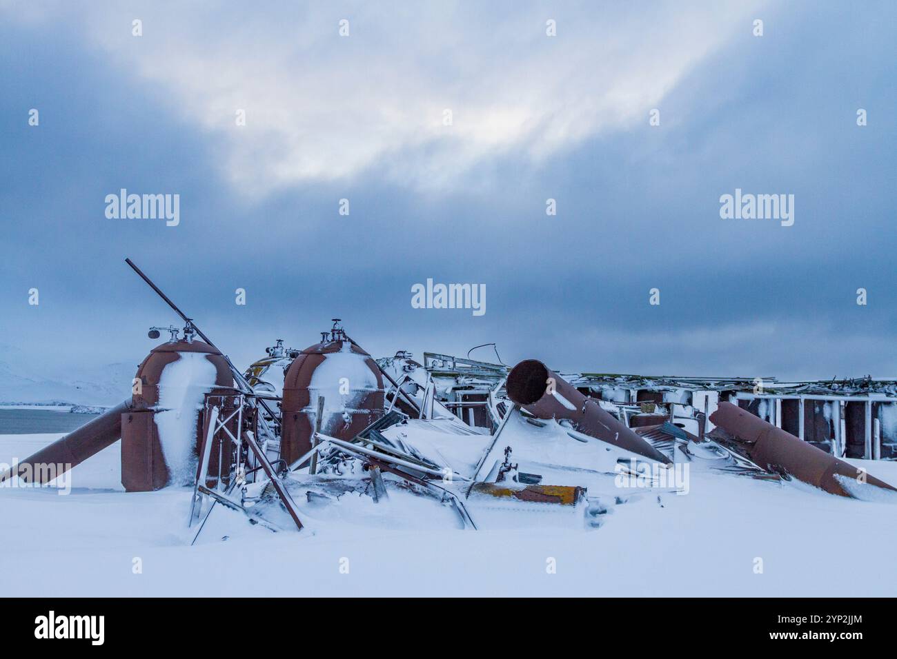 Abandoned former whaling station at Port Foster inside of the caldera ...
