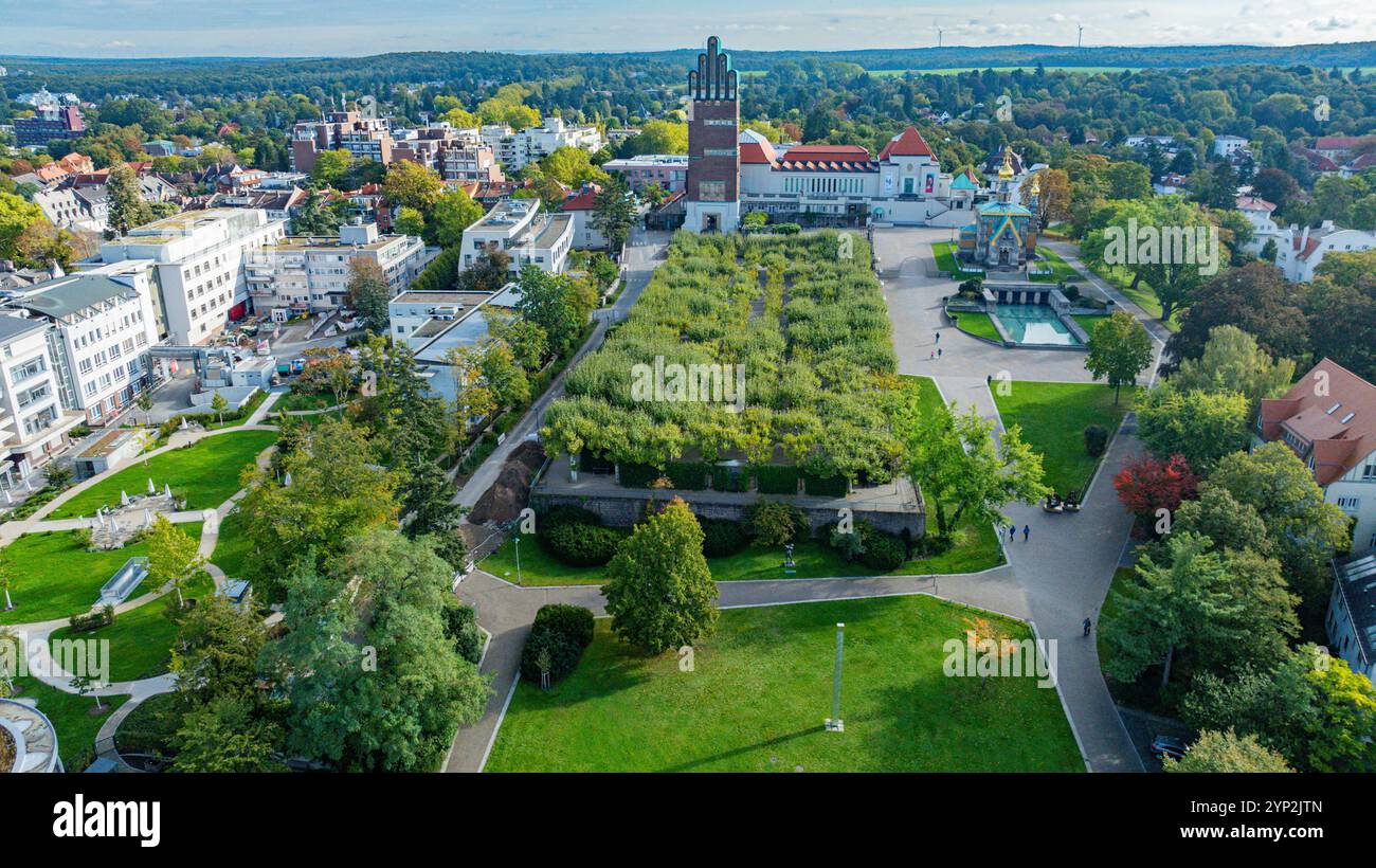 Aerial of Matthildenhoehe, UNESCO World Heritage Site, Darmstadt, Hesse ...