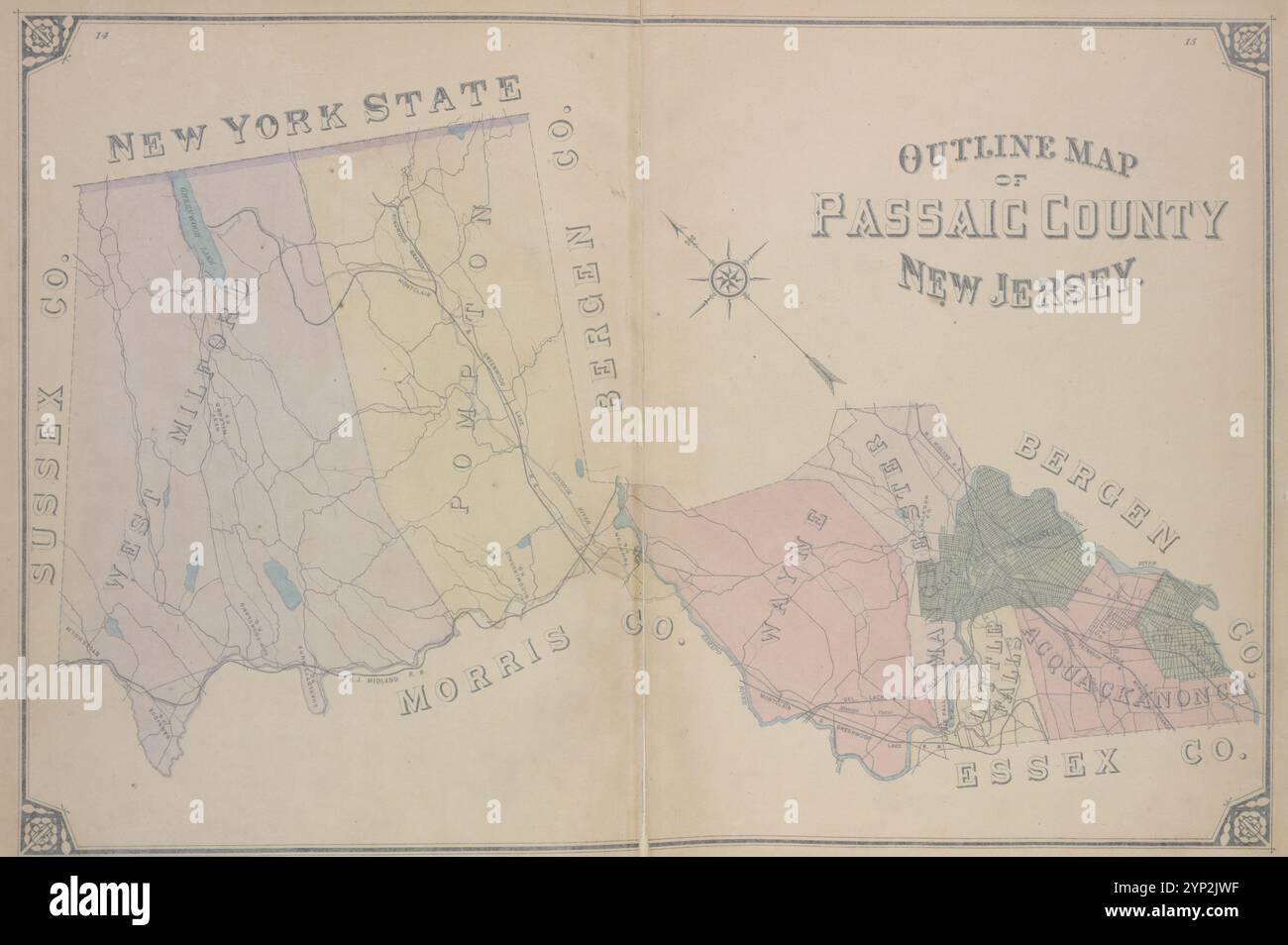Outline Map of Passaic County, New Jersey. 1877 Stock Photo - Alamy