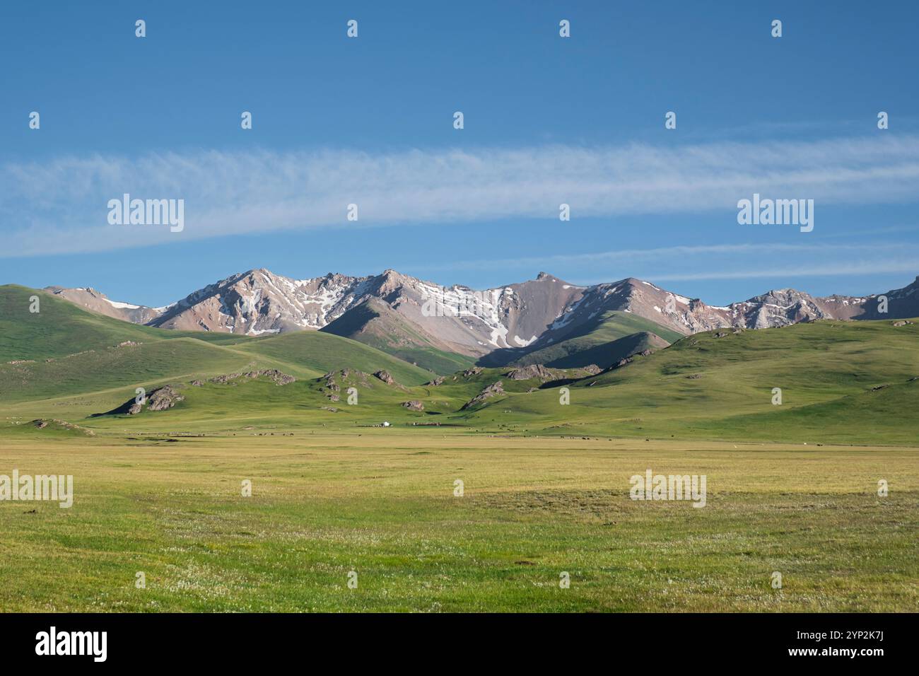 Vast green meadows meet majestic mountains at Song-Kol Lake under a ...