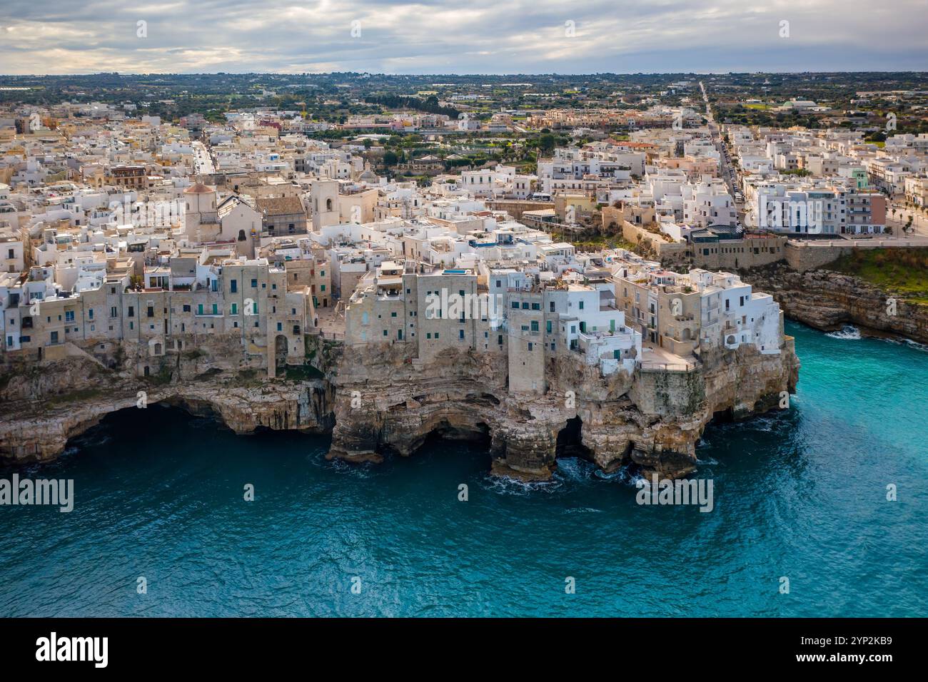 Polignano a Mare, drone aerial view of historic city on the cliffs of ...