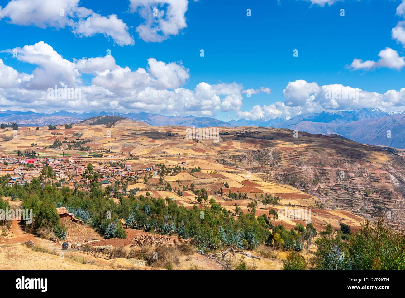 Racchi village near Chinchero with distant views of Andes mountains, Sacred Valley, Peru, South ...