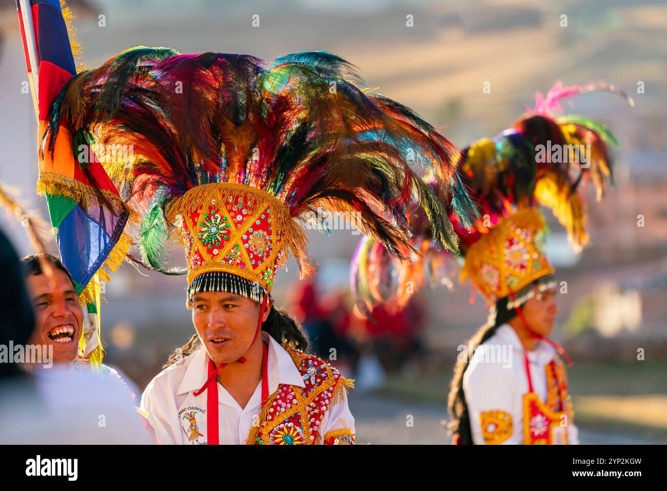 Peruvian men in with traditional headwear on celebration, Chinchero ...