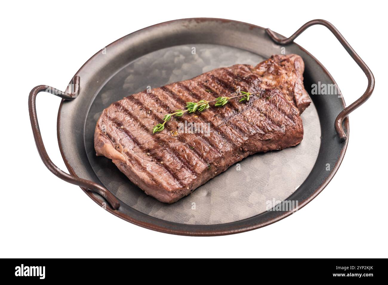 BBQ roasted beef Rump steak on steel tray isolated on white background ...