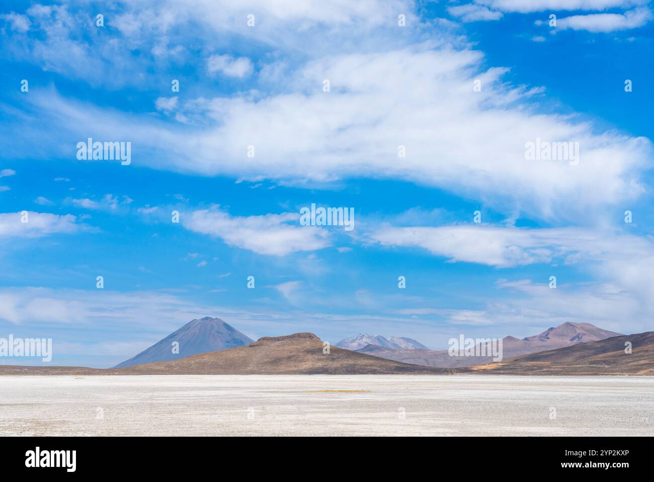 El Misti and Chachani volcanoes seen from salt flats of Salinas y ...