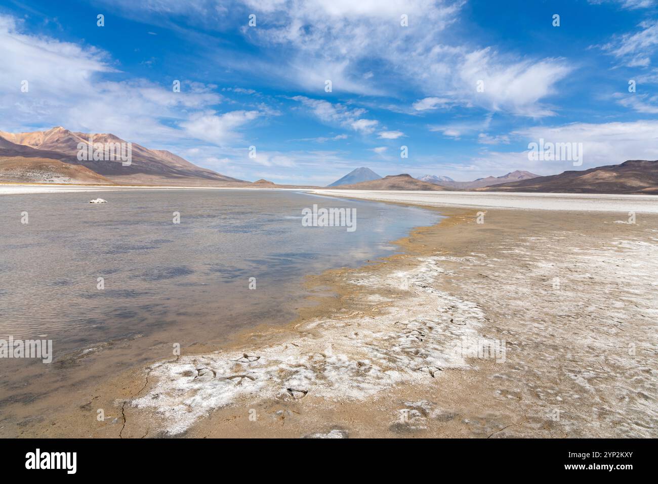 El Misti and Chachani volcanoes seen from salt flats of Salinas y ...