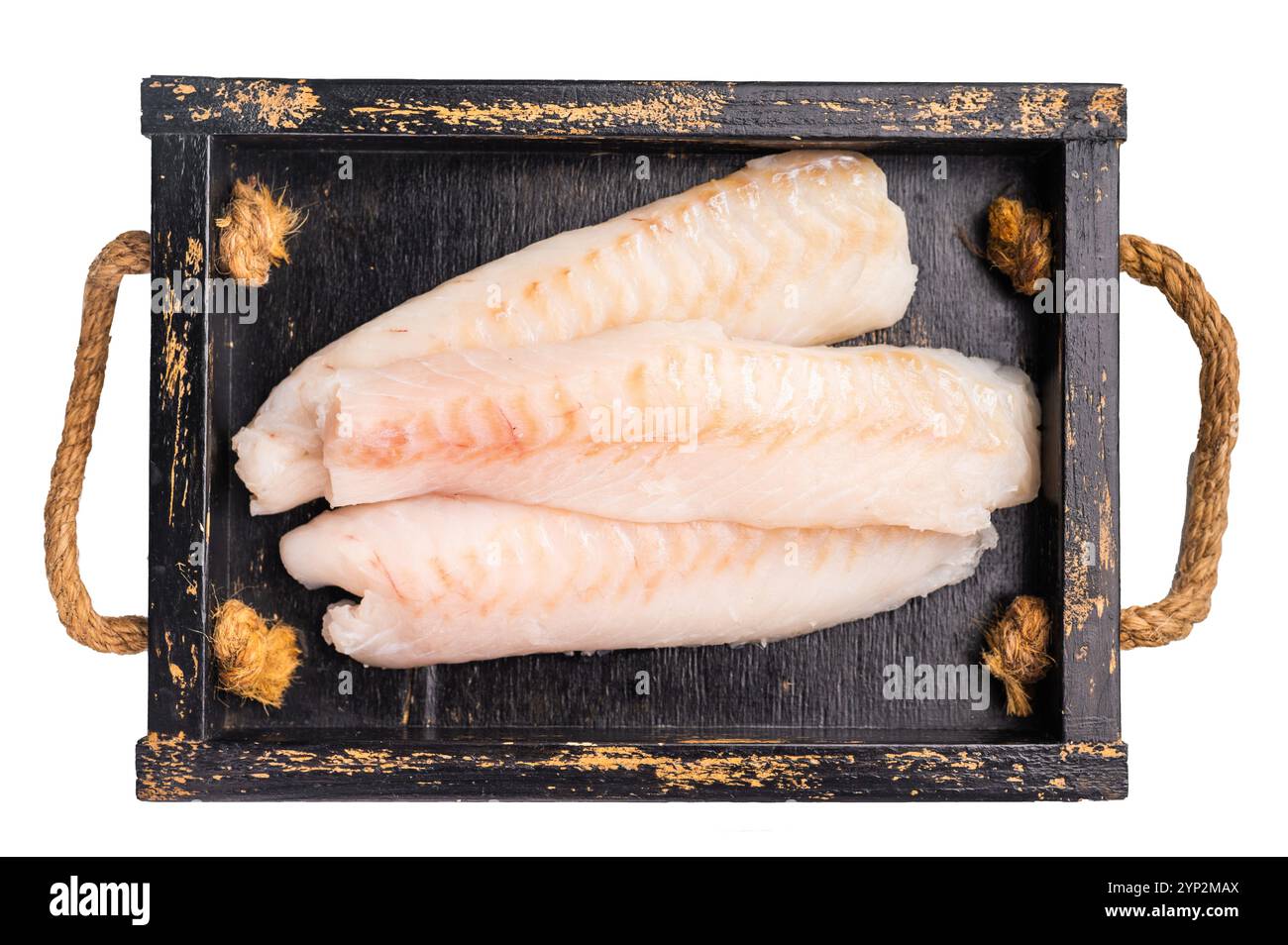Fresh fish meat, Raw cod loin pieces without skin in wooden tray ...