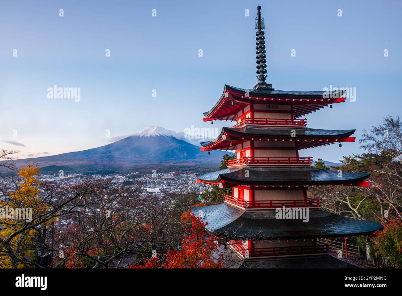 Sunrise at Mount Fuji in autumn, Fujiyoshida Chureito Pagoda, and fall ...