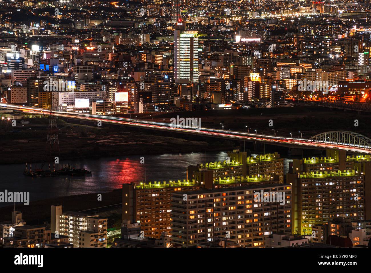 Juso Bridge aerial view, highway and railway bridges crossing the Yodo ...