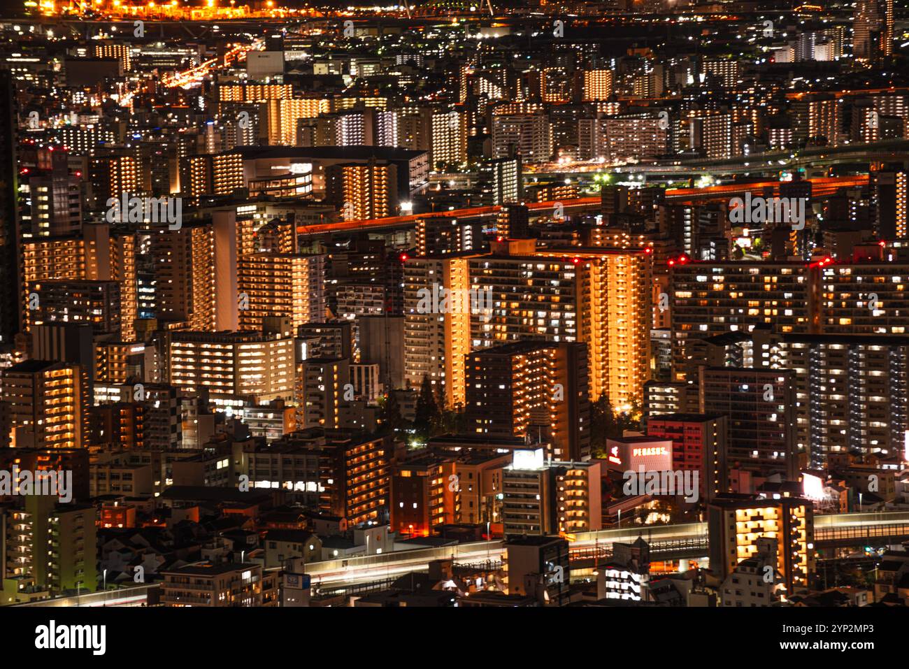 Close-up details, Midnight night skyline of Osaka, Honshu, Japan, Asia ...
