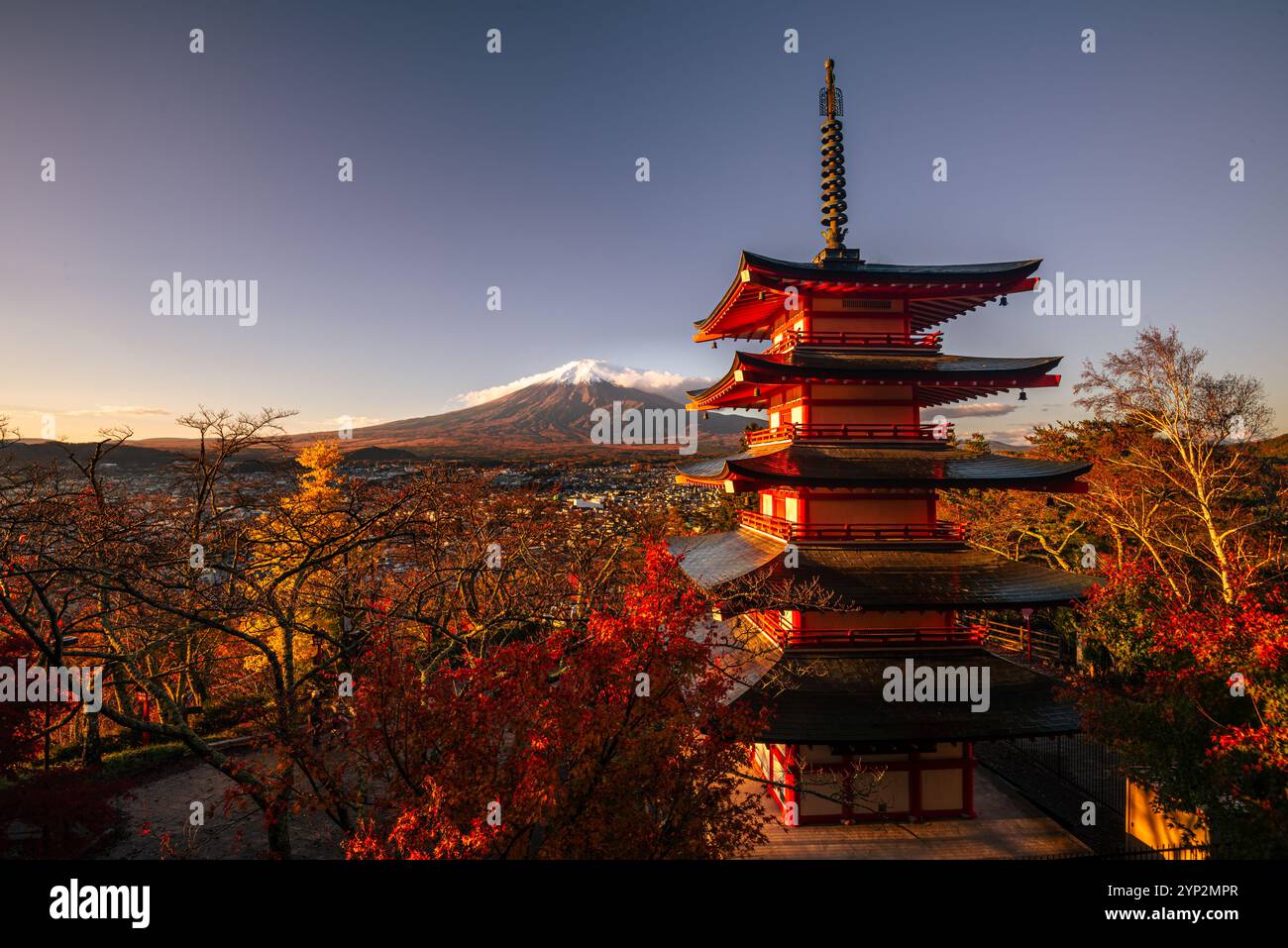 Vibrant sunrise at Five-storey pagoda, Chureito Pagoda, overlooking ...