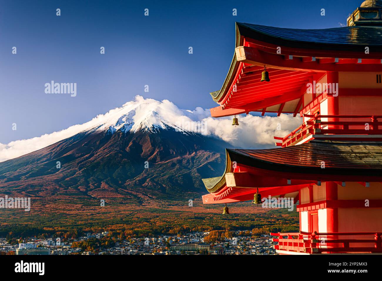 Mount Fuji, UNESCO World Heritage Site, in autumn with red Chureito Pagoda with fall leaves ...