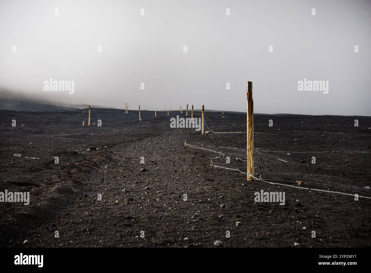 Hiking path in the ashes of Mount Fuji in a fog cloud, Honshu, Japan ...