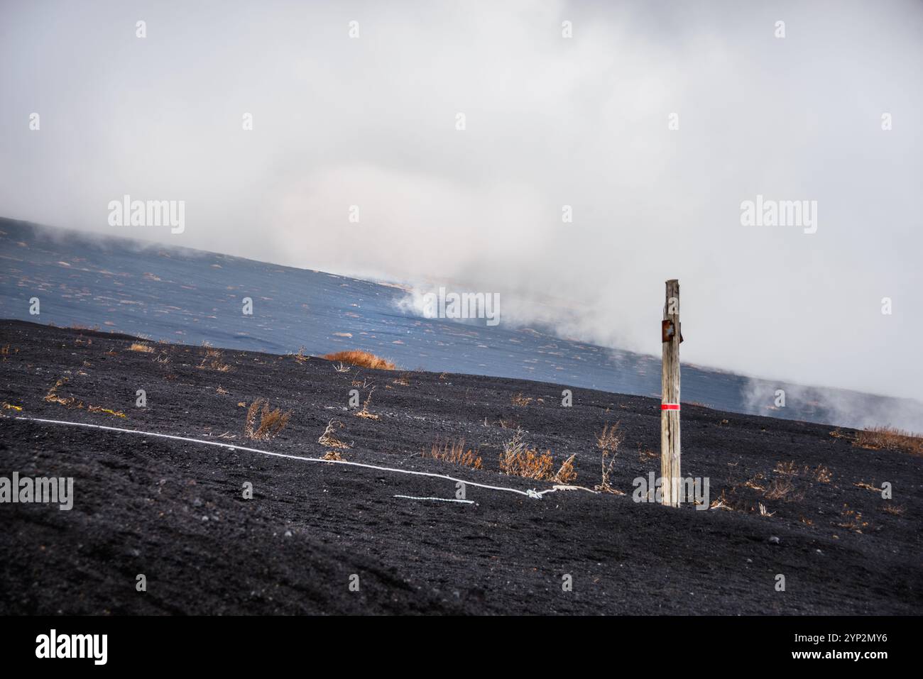 Hiking path in the ashes of Mount Fuji in a fog cloud, Honshu, Japan ...